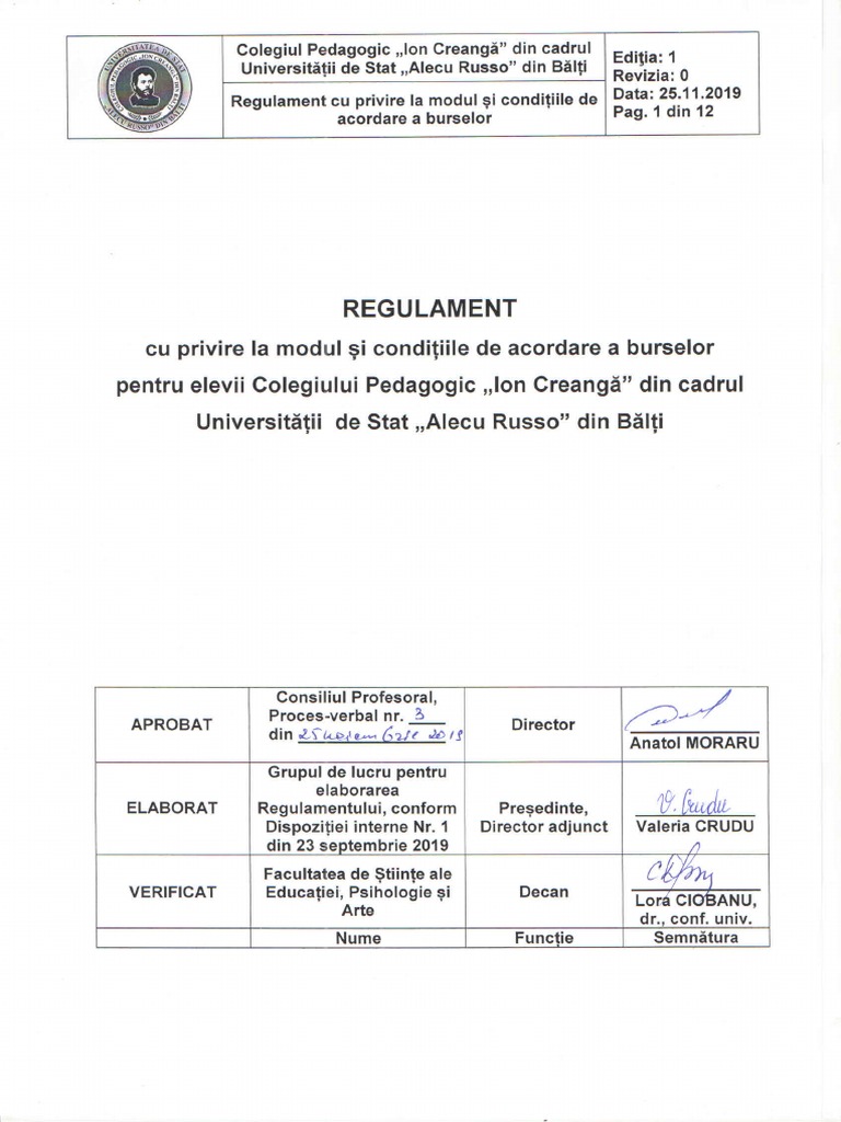 Regulamentul Cu Privire La Acordarea Burselor | PDF