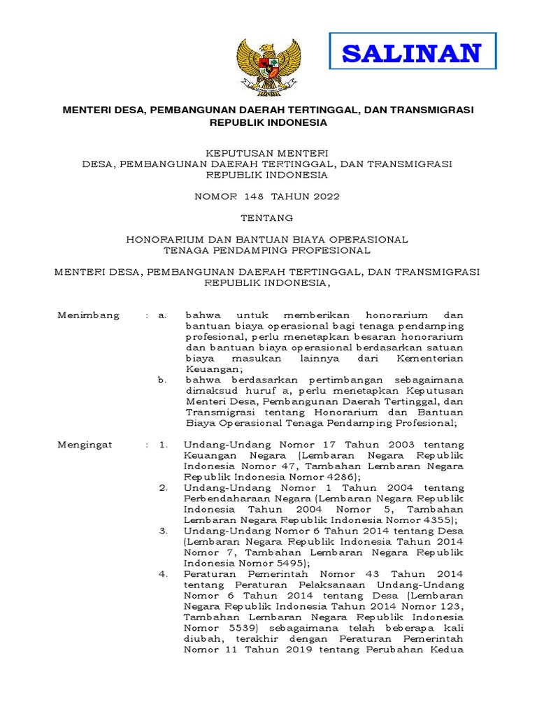 KepmenDesaPDTT Nomor 148 Tahun 2022 TTG Honorarium Dan Bantuan Biaya ...