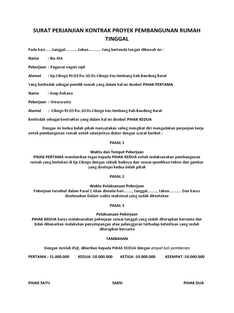 Surat Perjanjian Kontrak Proyek Pembangunan Rumah Tinggal | PDF