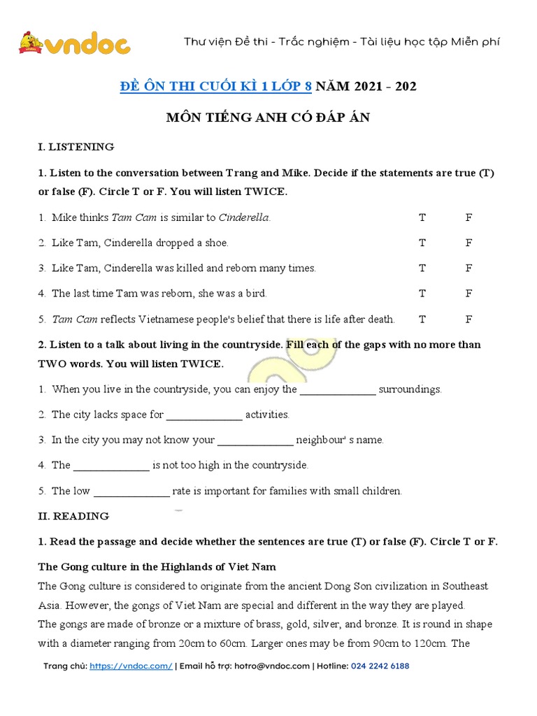 De Thi Hoc Ki 1 Mon Tieng Anh Lop 8 Co File Nghe | PDF | Vietnam