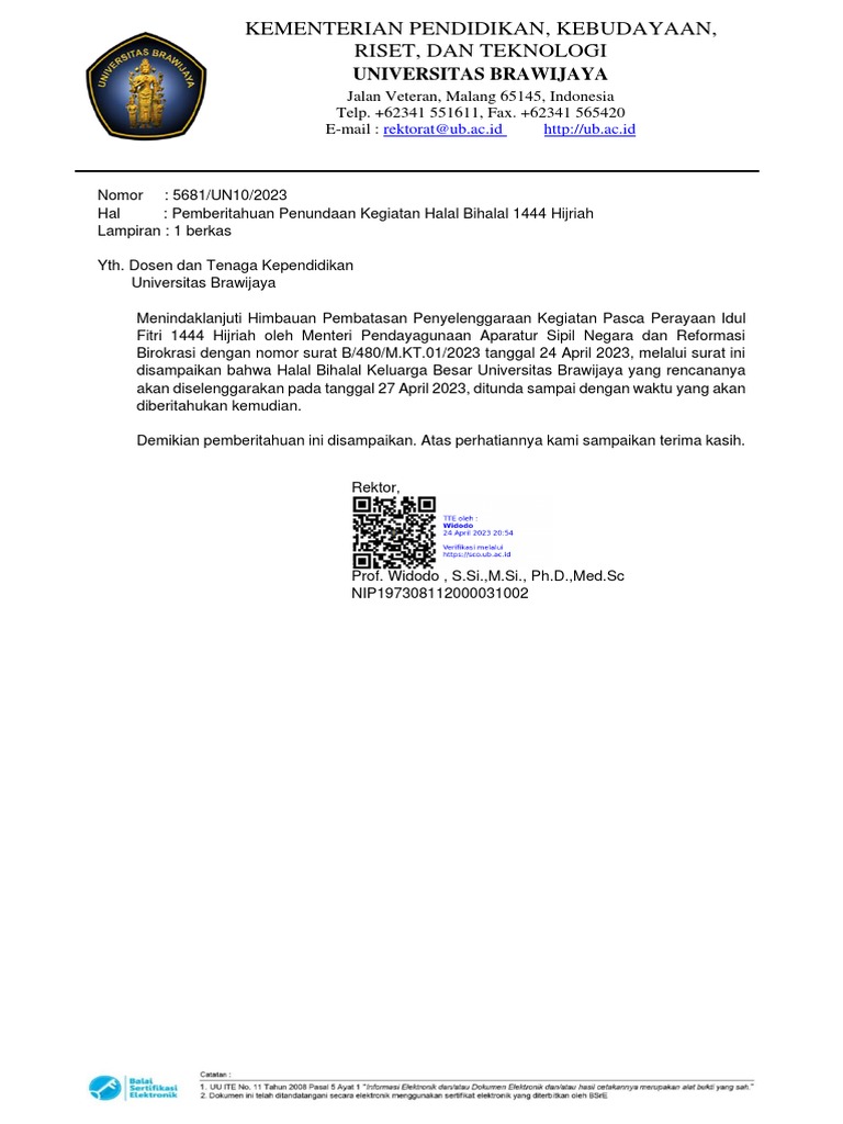 Surat Pemberitahuan Halbi UB 2023 | PDF