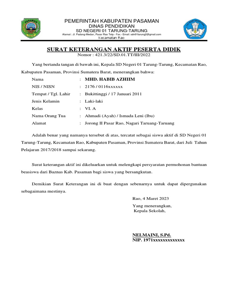Surat Keterangan Aktif Siswa SD | PDF