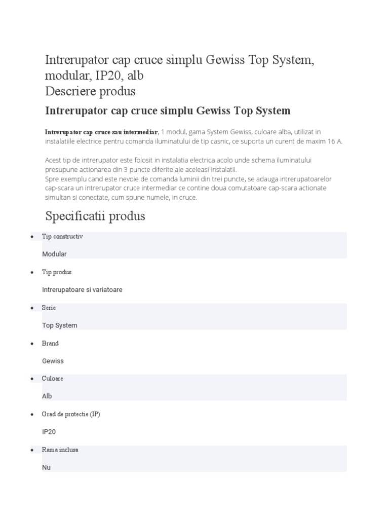 Intrerupator Cap Cruce Simplu Gewiss Top System | PDF