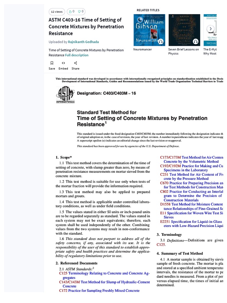Astm c403 16 Time of Setting of Concrete Mixtures by Penetration ...