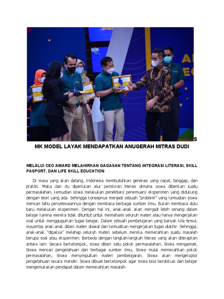 Artikel SMK Model Layak Mendapatkan Anugerah Mitras Dudi Ok | PDF