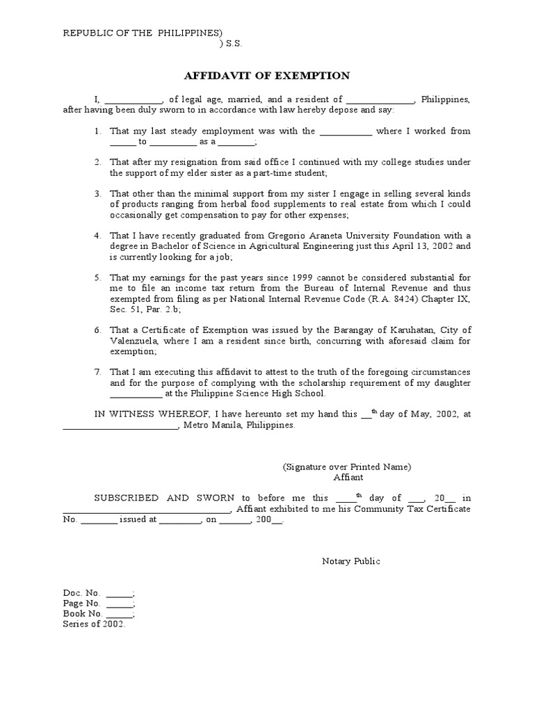 Affidavit of Tax Exemption Sample | PDF