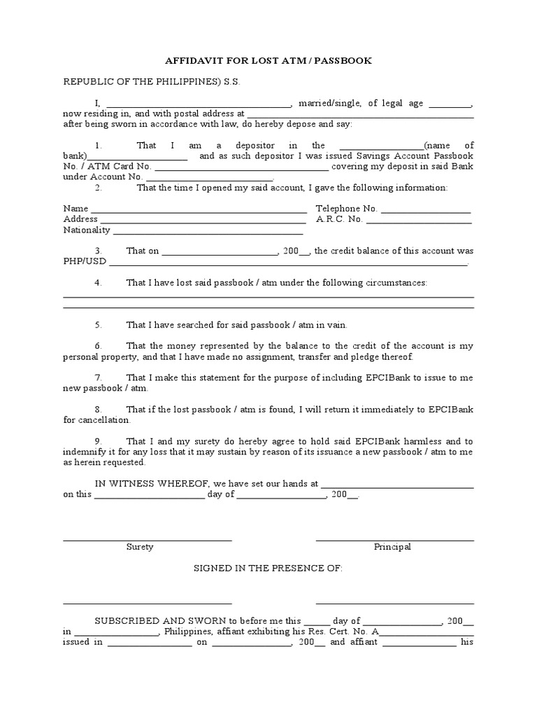 Affidavit of Loss - ATM or Passbook | PDF | Affidavit | Passbook