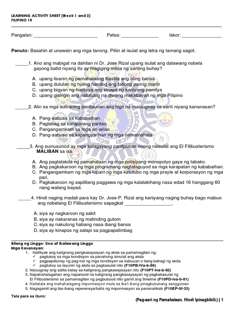 Las Filipino Grade-10 Week-1-2 Version-6 | PDF