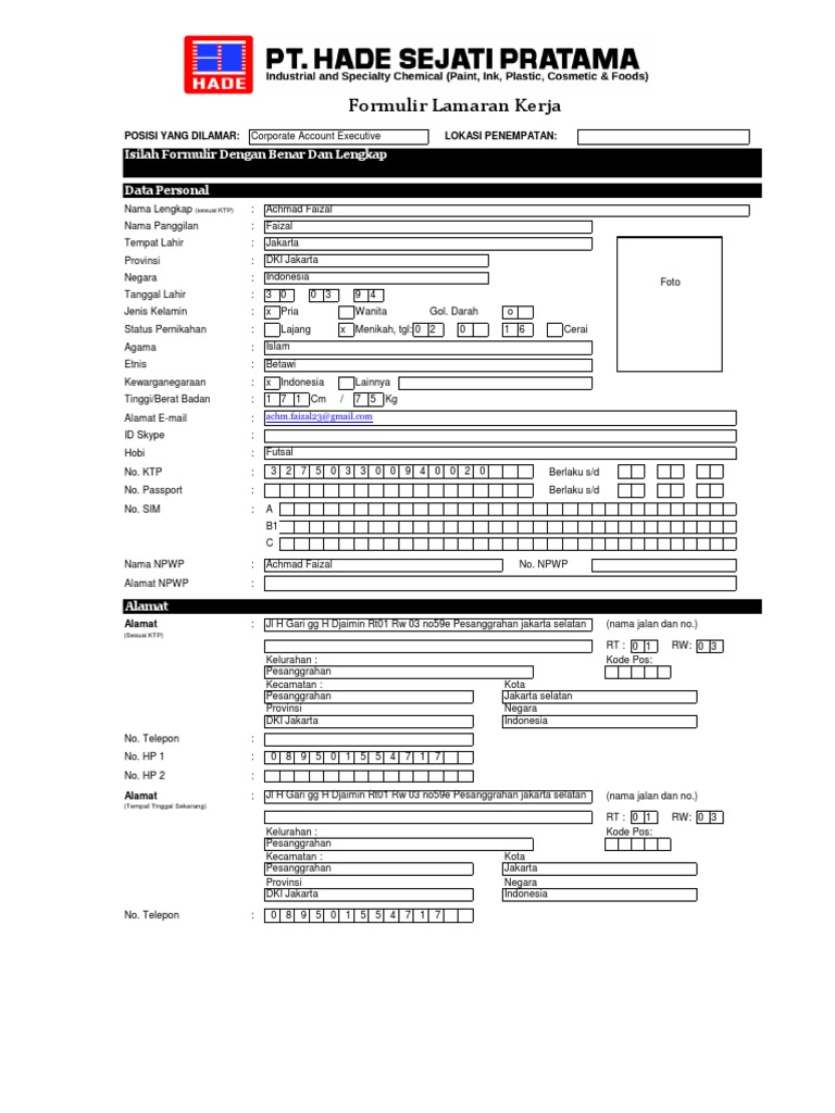 Form Lamaran Kerja - HSP | PDF