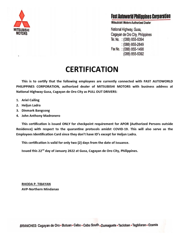 CERTIFICATION To Travel | PDF