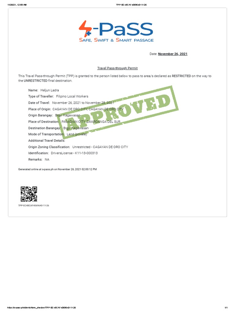 S-PaSS Traveler Form Document | PDF