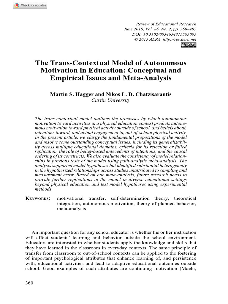 The Trans Contextual Model Of Autonomous Motivation In Education