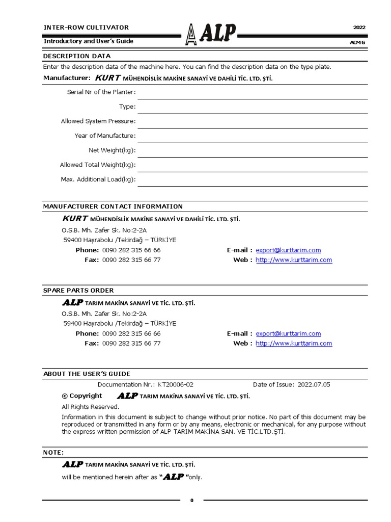 ALP Cultivator Users-Guide | PDF | Tractor | Axle