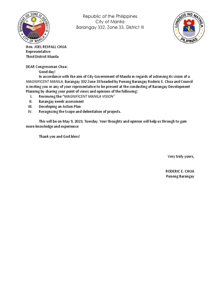 Barangay 332 Zone 33 Letter To Congressmans Representative | PDF