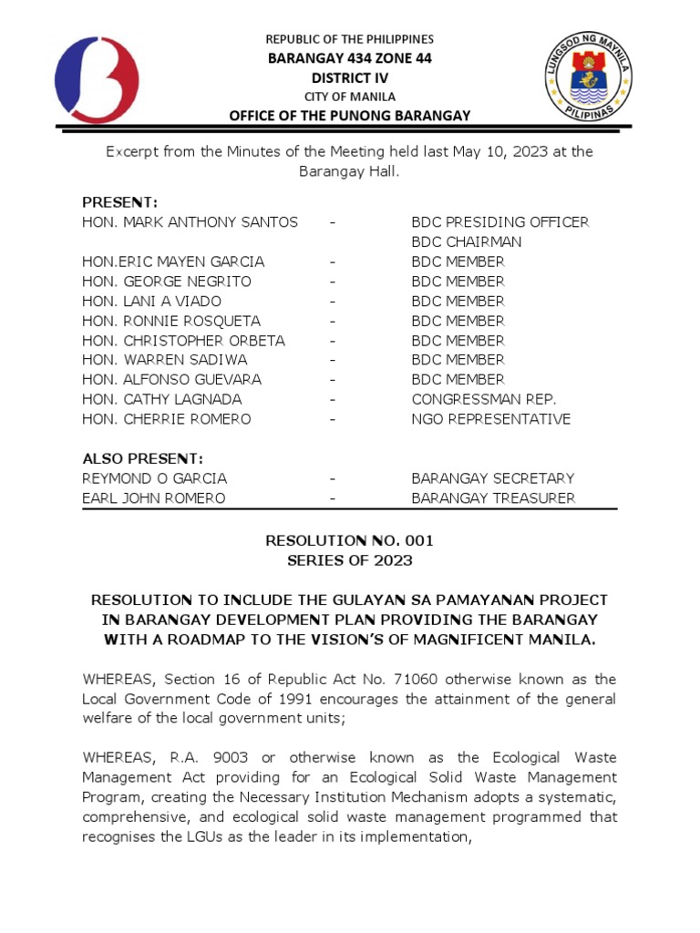 Brgy 434 Workshop Resolution | PDF | Sustainability | Natural Environment