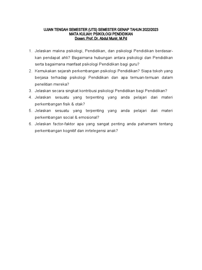 Soal UTS Psikologi Pendidikan | PDF | Karier & Perkembangan | Pengembangan Diri