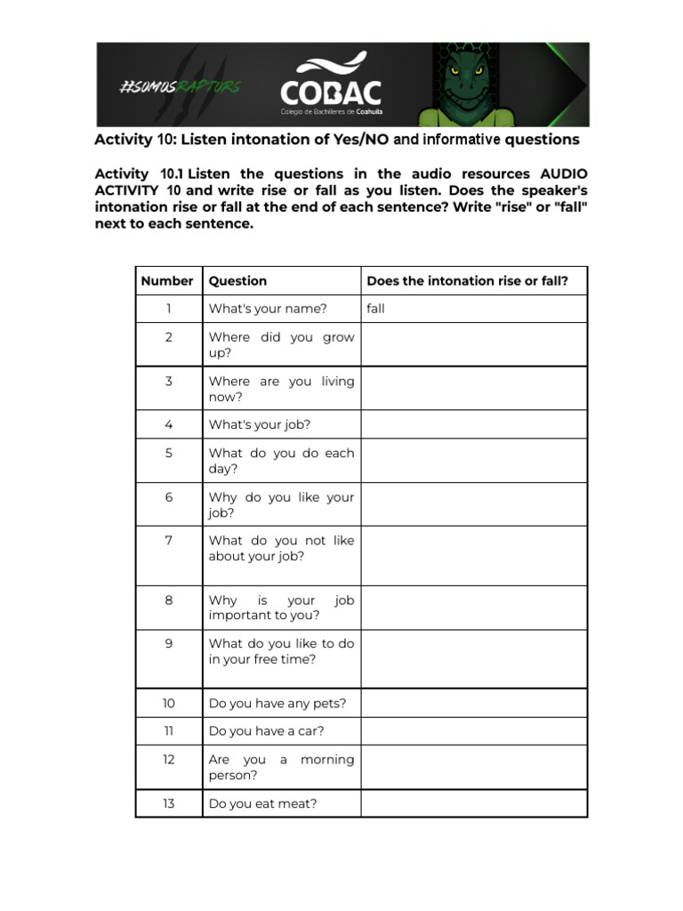 Activity 10 Listen Intonation Questions | PDF