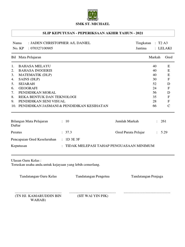 SMK St. Michael Slip Keputusan - Peperiksaan Akhir Tahun - 2021 | PDF
