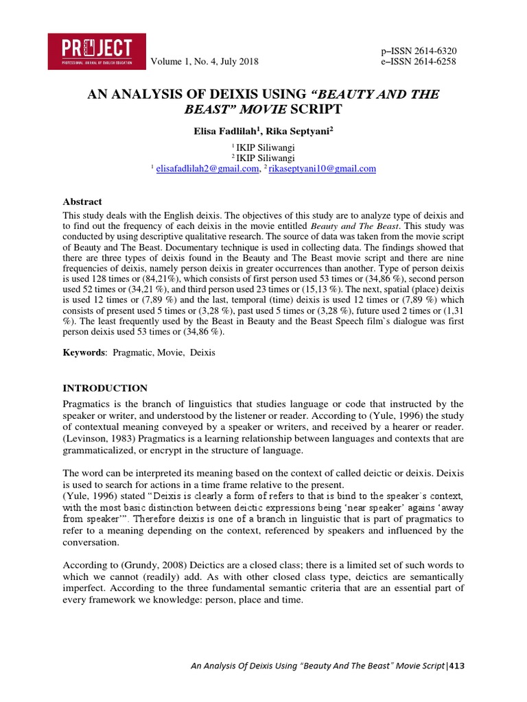Deixis Analysis in Beauty and the Beast | PDF | Cognitive Science ...
