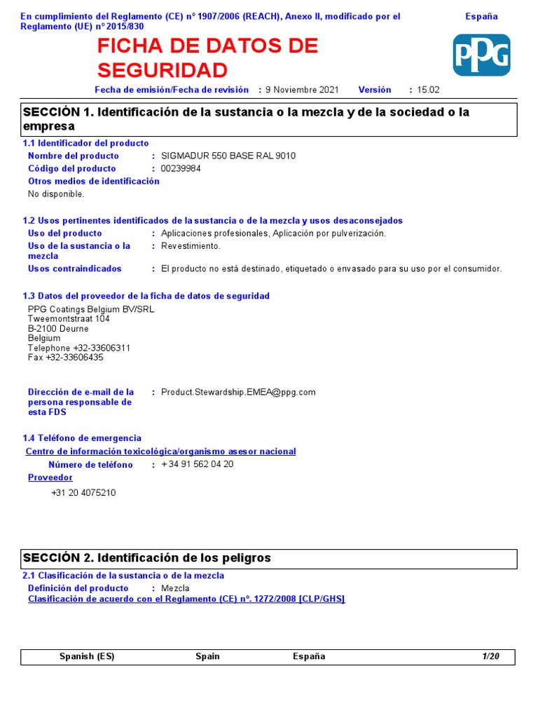 Sds SIGMADUR 550 BASE | PDF | Agua | Contaminación