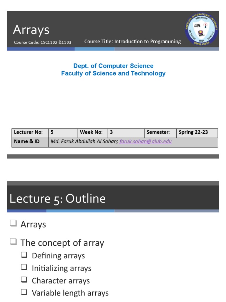 Lecture 5 Arrays Pdf Variable Computer Science Data Type