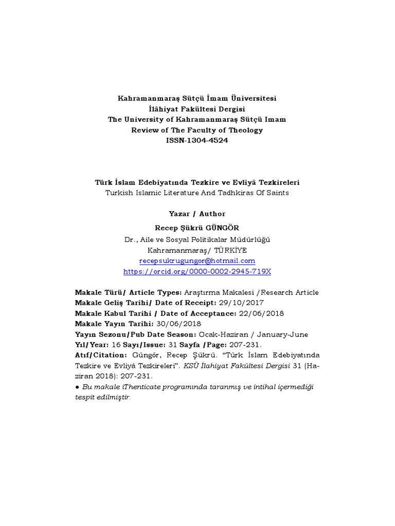 T - RK - Slam Edebiyat - Nda Tezkire Ve Evliy - Tezkireleri (#347594) - 497965 | PDF