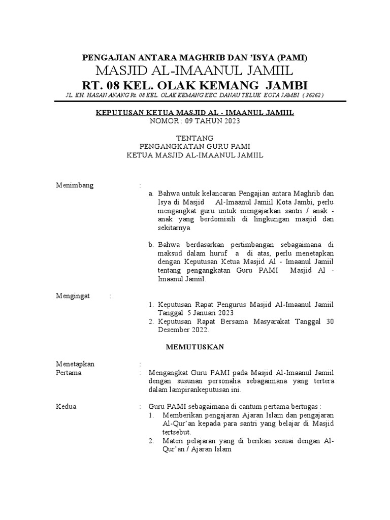 Surat Keputusan Ketua Masjid (Pami) | PDF