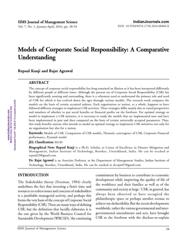Models of Corporate Social Responsibility: A Comparative Understanding ...