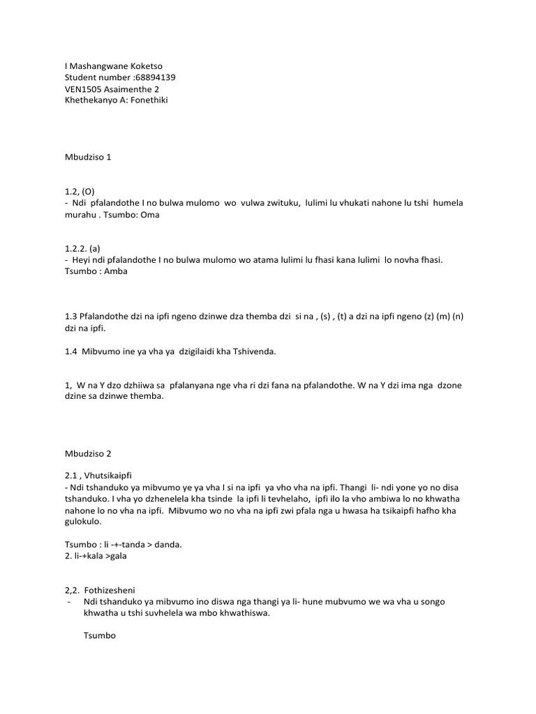 Tshivenda Assignment 2 | PDF