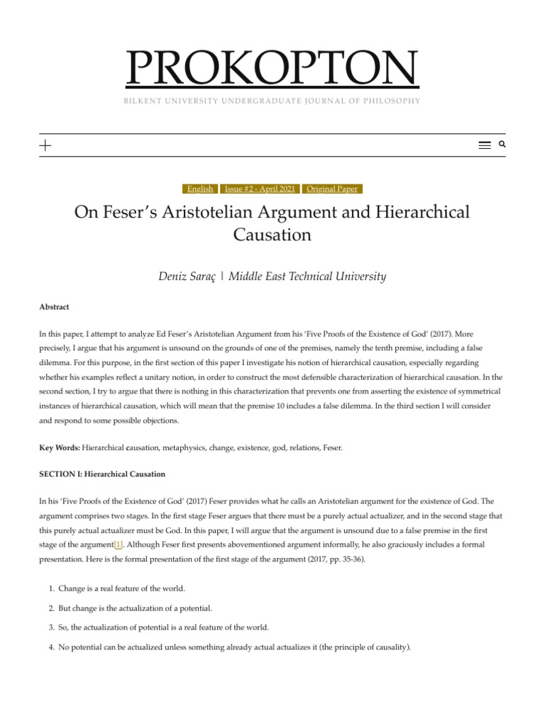 On Fesers Aristotelian Argument And Hierarchical Causation Prokopton Pdf Causality