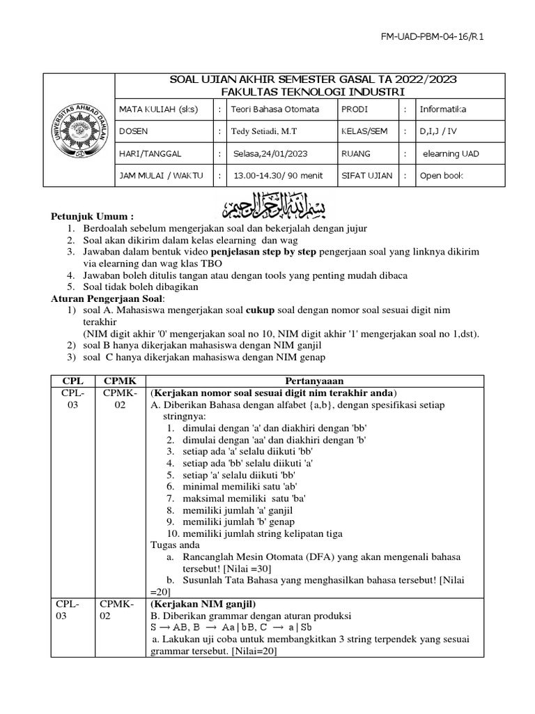 Rev - UAS - Teori Bahasa Otomata - D, I, J - Tedy | PDF