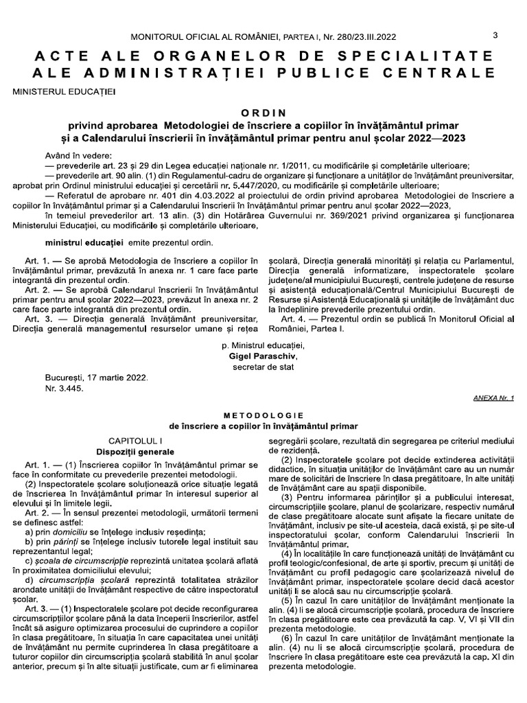 Ordin 2022 Metodologie Calendar Pregatitoare | PDF