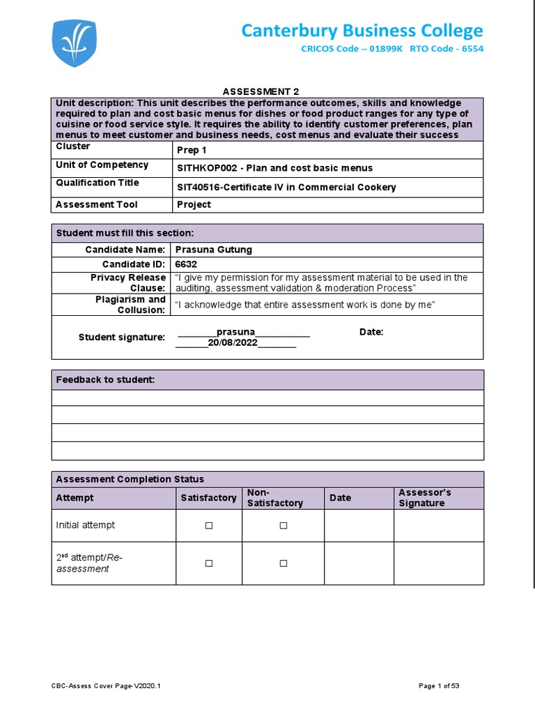 SITHKOP002 - Ass 2 - Project - Plan and Cost Basic Menus - v1.2022 (1) Revised | Download Free ...