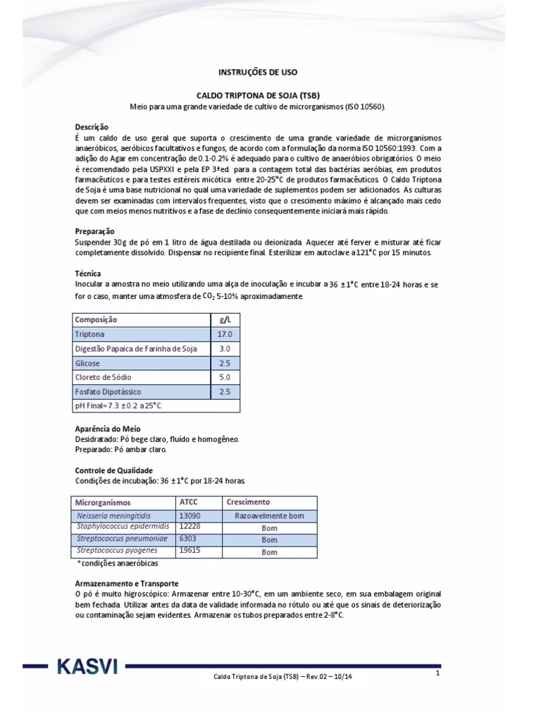 Instruções de Uso Caldo Triptona de Soja (TSB) | PDF | Ágar
