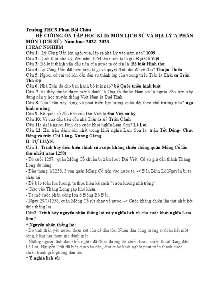 Đề Cương Ôn Tập HKII SỬ 7 2022-2023 | PDF