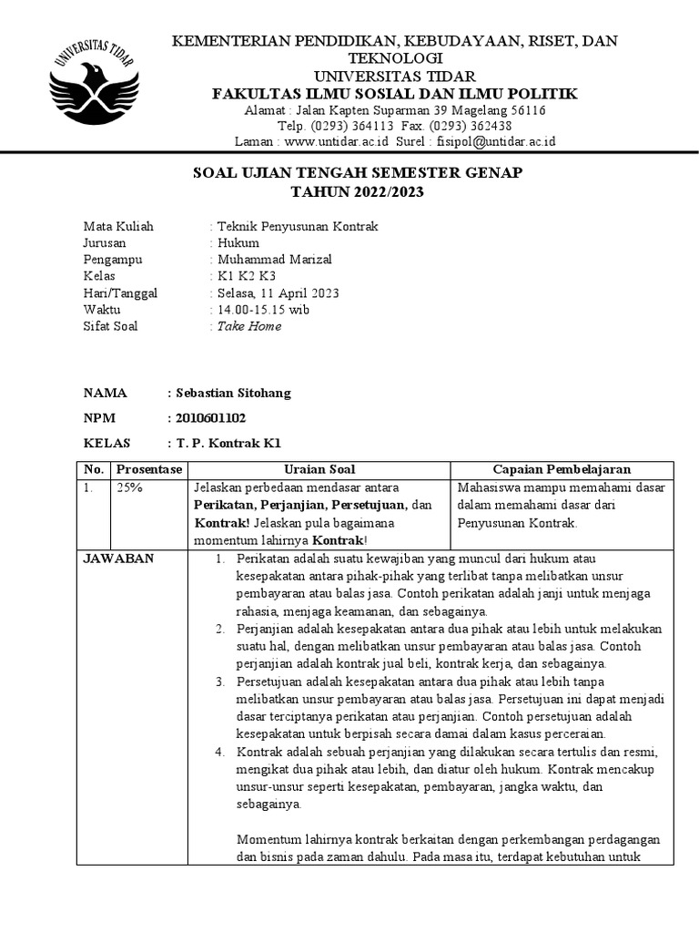 Soal UTS Tek. Penyusunan Kontrak Genap 2023 | PDF | Bisnis | Hukum