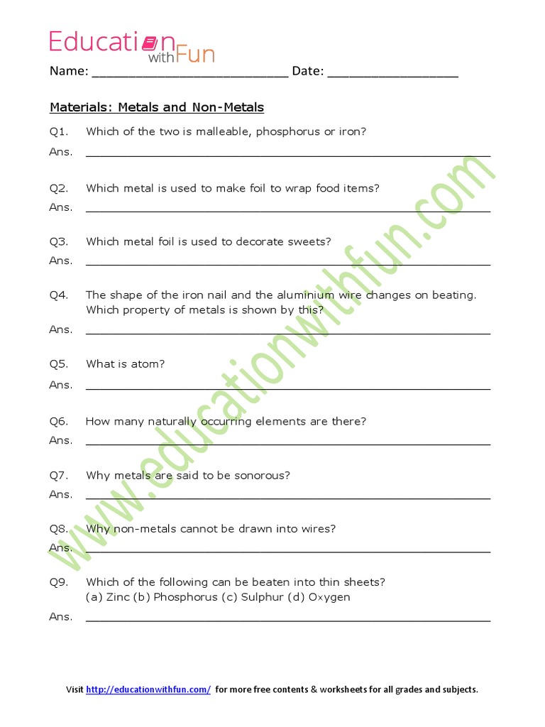 Metals and Non-Metals Worksheet | PDF | Metals | Ductility