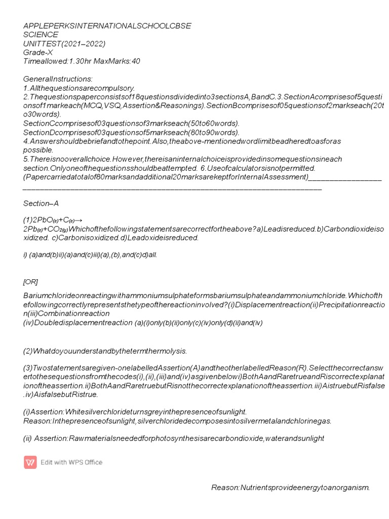 Science Unit Test - 1 Grade 10 (2021-22) | PDF