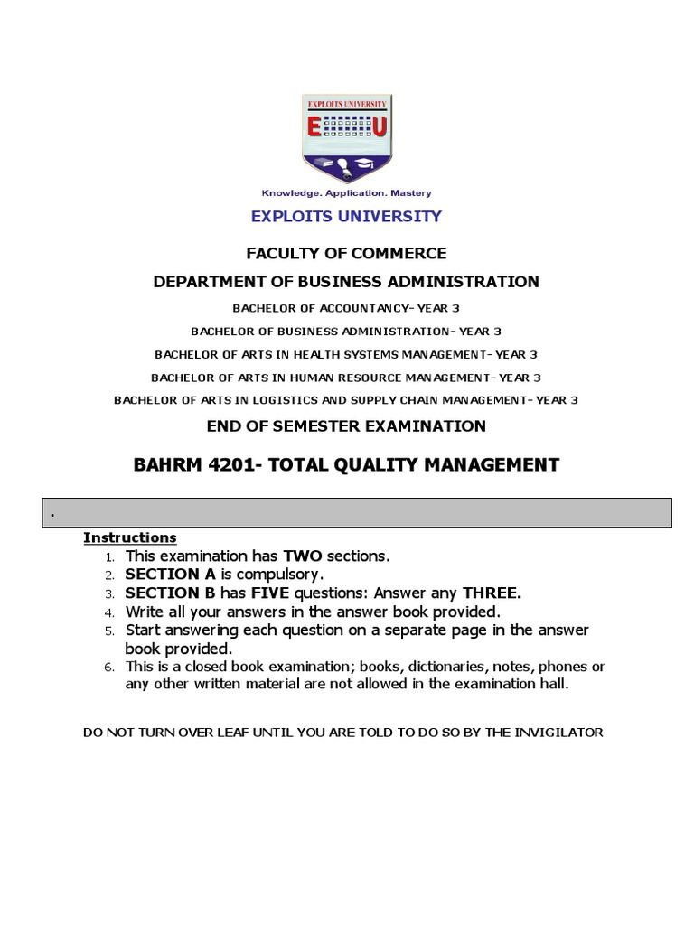 Mukiwa TQM Examination and Answers | PDF | Quality Assurance | Quality ...