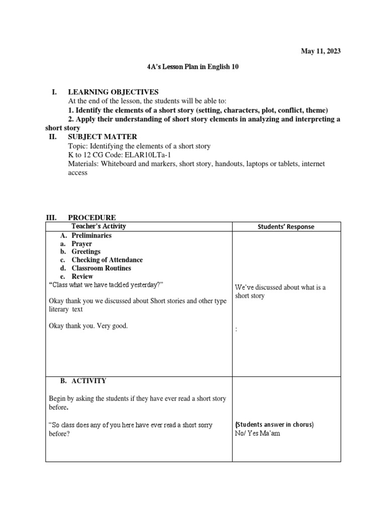 Short Story Elements Lesson Plan | PDF | Plot (Narrative) | Lesson Plan
