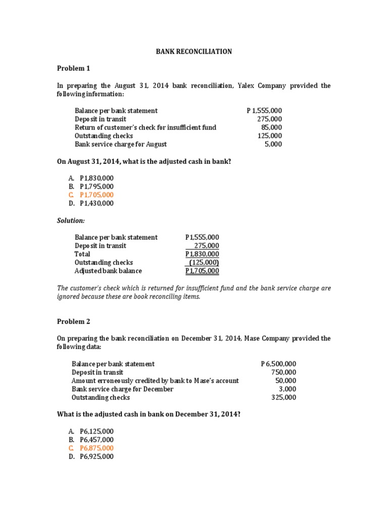 Bank Reconciliation Problem 1: Solution | PDF | Finance & Money Management