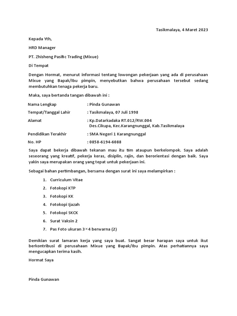 Surat Lamaran Mixue - Pinda Gunawan | PDF
