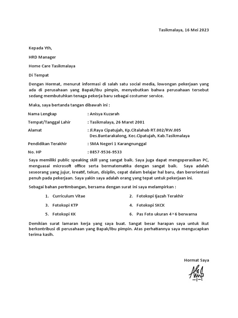 Surat Lamaran Mixue - Anisya Kuzarah | PDF