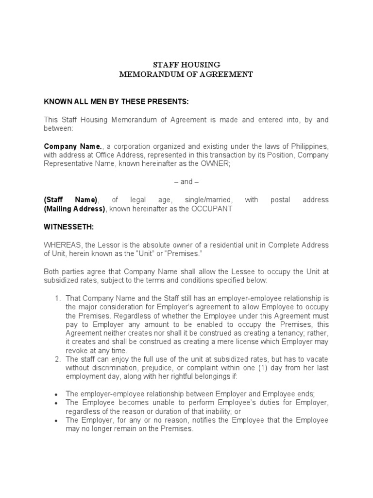 Staff Housing Agreement | PDF | Lease | Employment