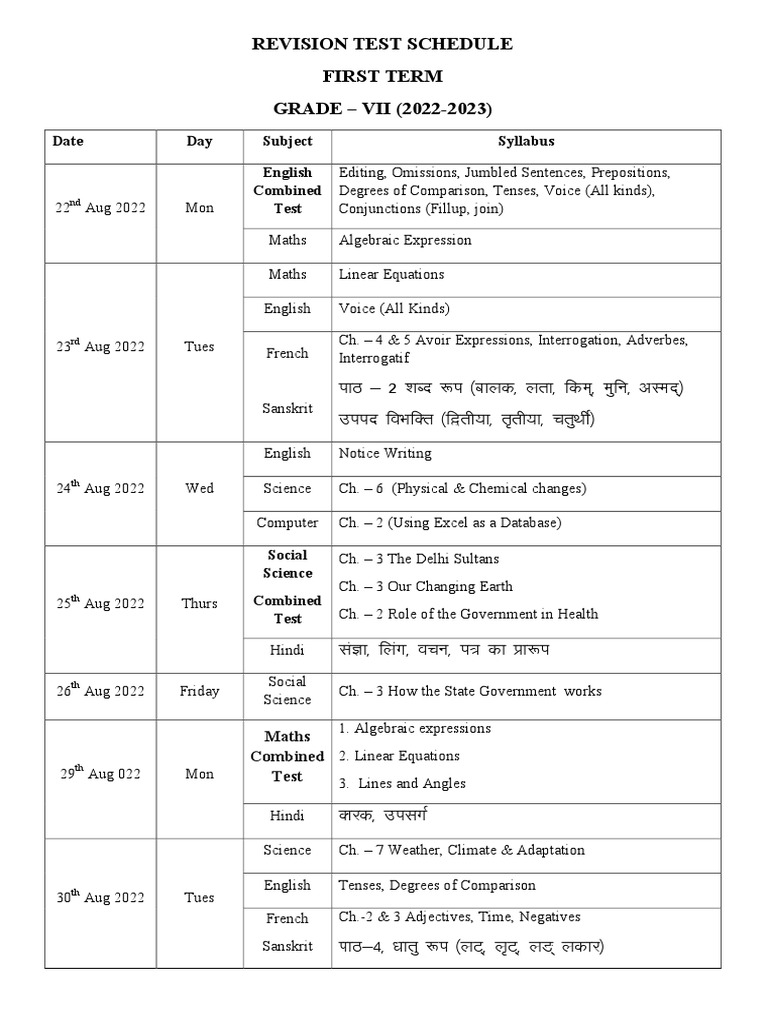Revision Test Schedule Class Vii | PDF | Languages | Foreign Language ...