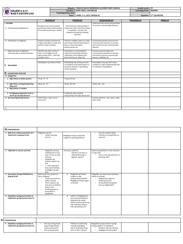 DLL - Mapeh 4 - Q3 - W9 | PDF