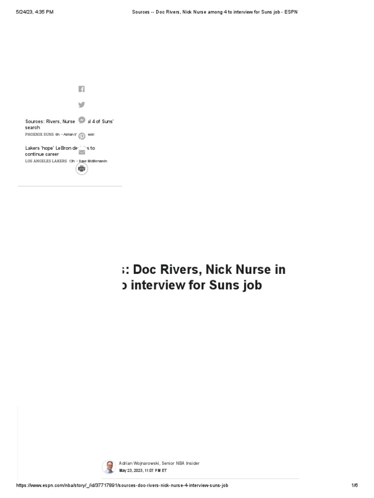 Sources - Doc Rivers, Nick Nurse Among 4 To Interview For Suns Job - ESPN | PDF | Los Angeles ...