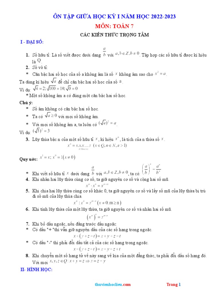 Thuvienhoclieu.com de Cuong on Tap Toan 7 Giua HK1 Nam 2022 2023 (1) | PDF
