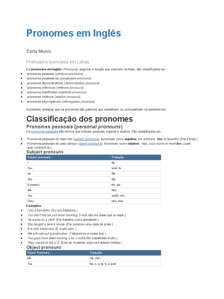 Pronomes em Inglês | PDF | Pronome | Sintaxe