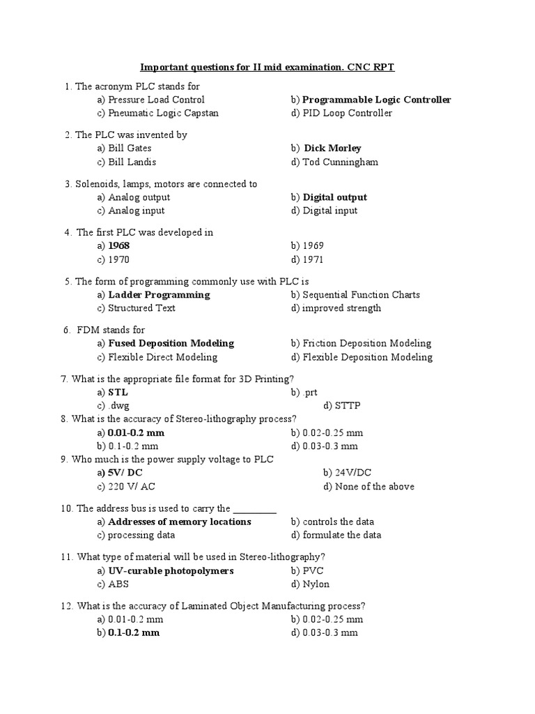 CNC & RPT II Mid Question Paper With Answers | PDF | Programmable Logic ...